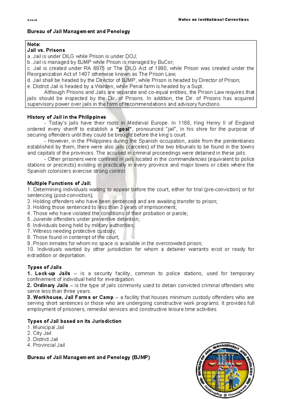 First Notes in CA 121 Final - Bureau of Jail Management and Penology ...