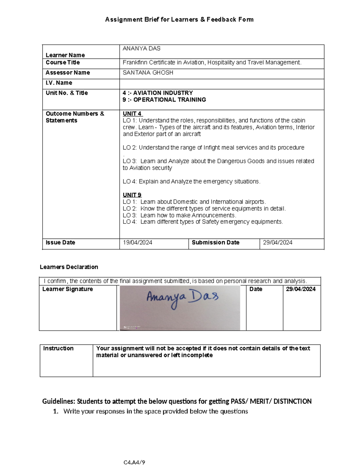Anu aviation assignment - Assignment Brief for Learners & Feedback Form Learner Name ANANYA DAS ...