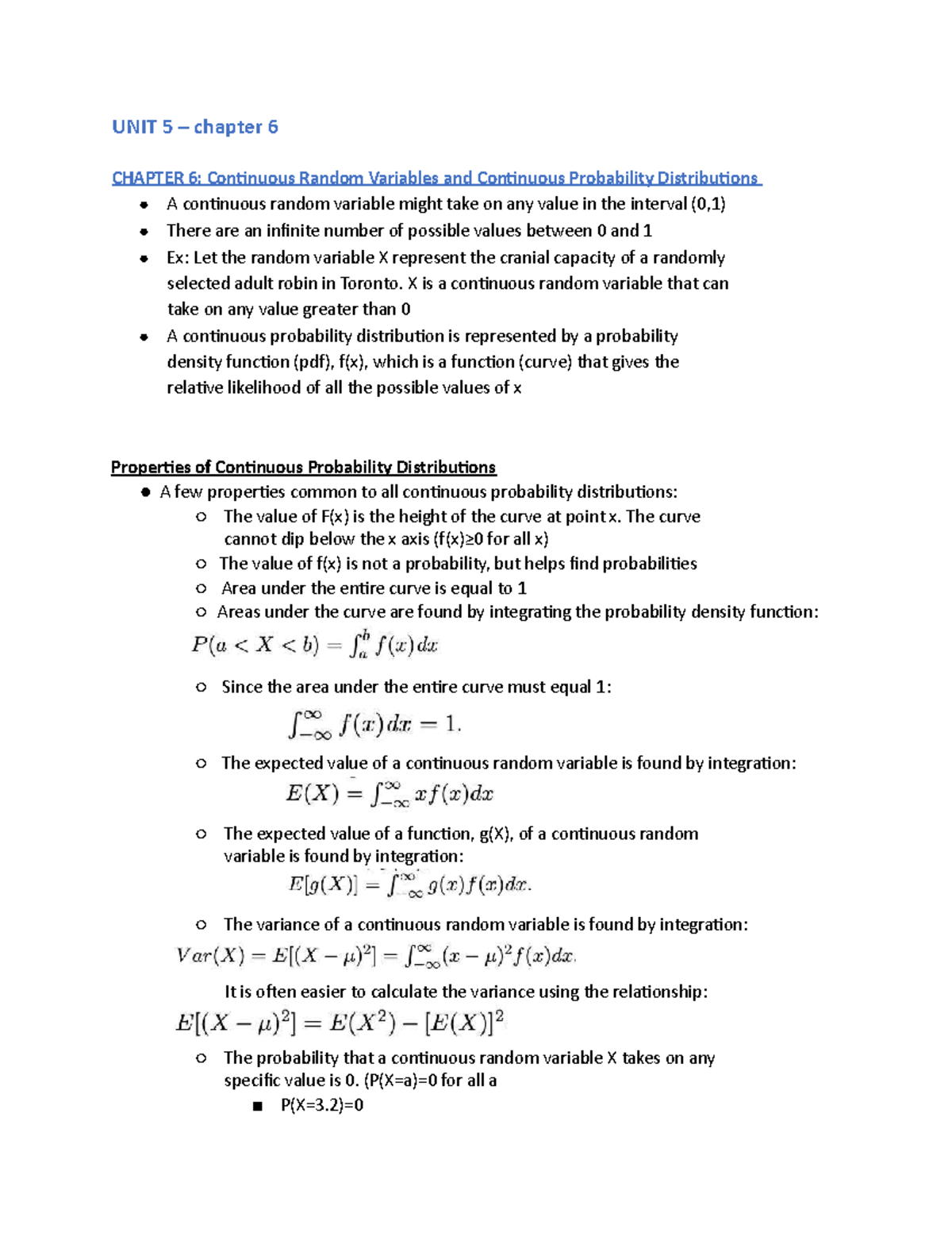 UNIT 5 - notes - UNIT 5 – chapter 6 CHAPTER 6: Continuous Random ...