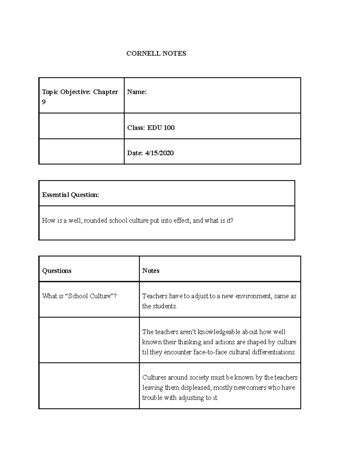 Chapter 9 C.N. Notes - CORNELL NOTES Topic Objective: Chapter 9 Name ...