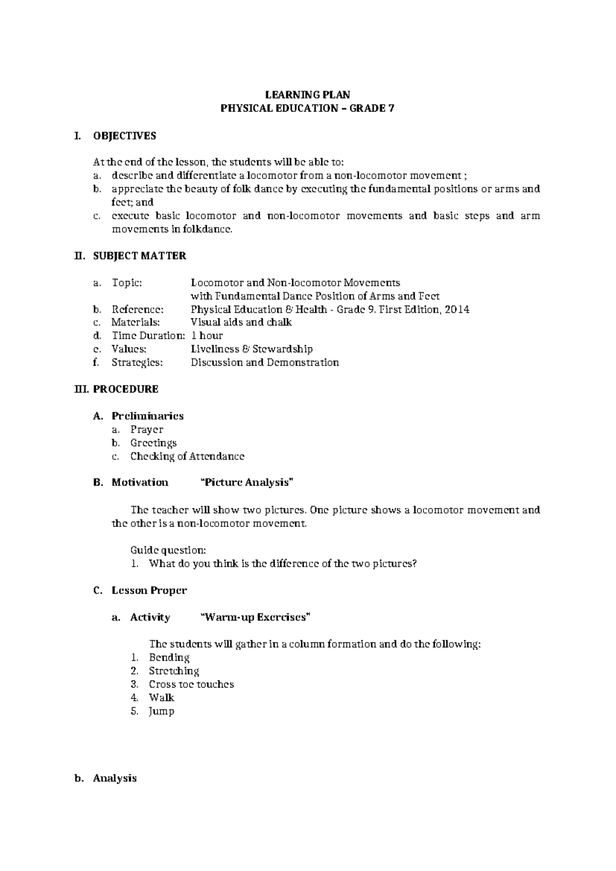 Physical Education Learning Plan Grade 7 - LEARNING PLAN PHYSICAL ...