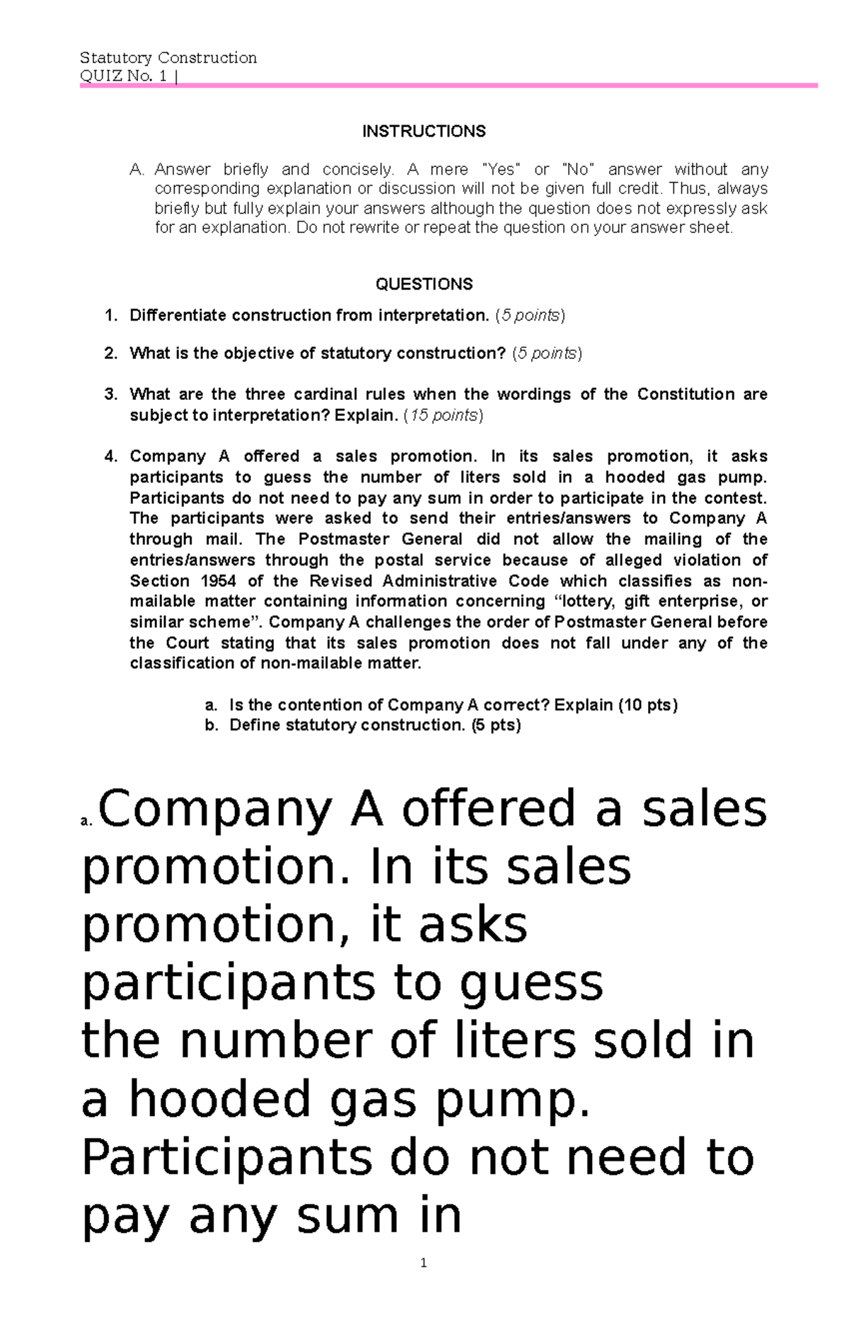 Stat Con Quiz No. 1 - Quiz - Statutory Construction QUIZ No. 1 ...