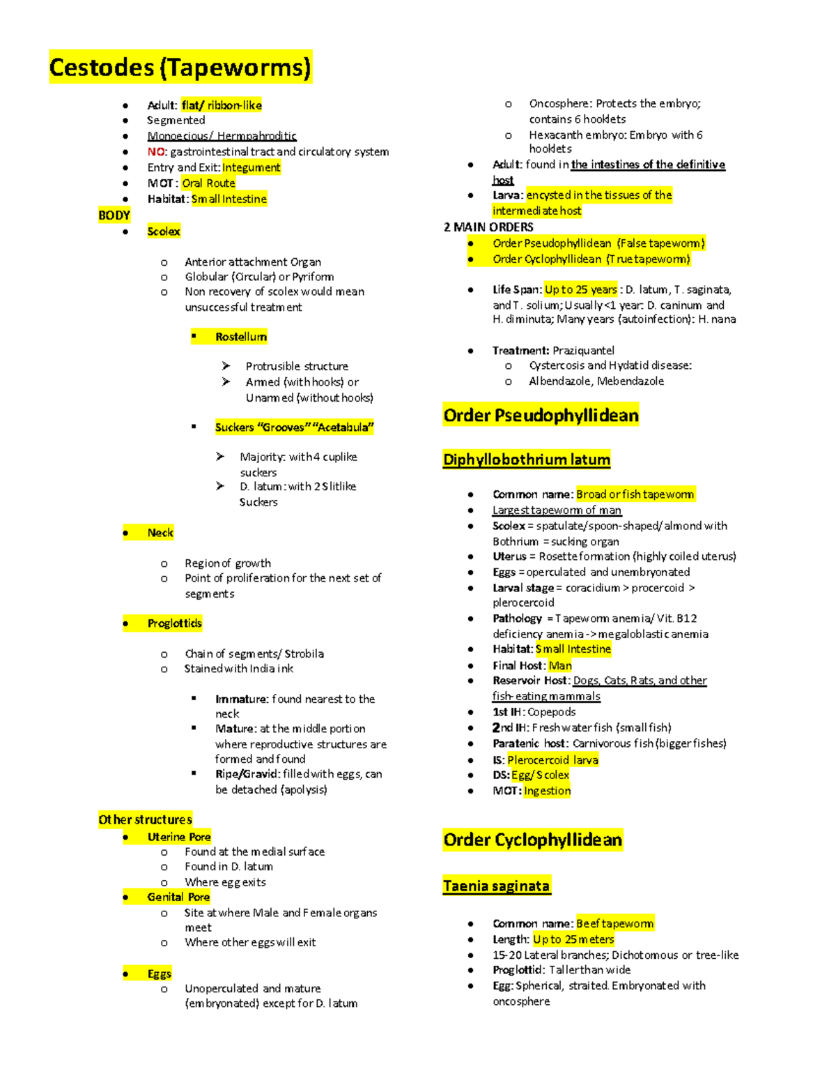 Cestodes-Notes - CESTODES - Cestodes (Tapeworms) Adult: flat/ ribbon ...