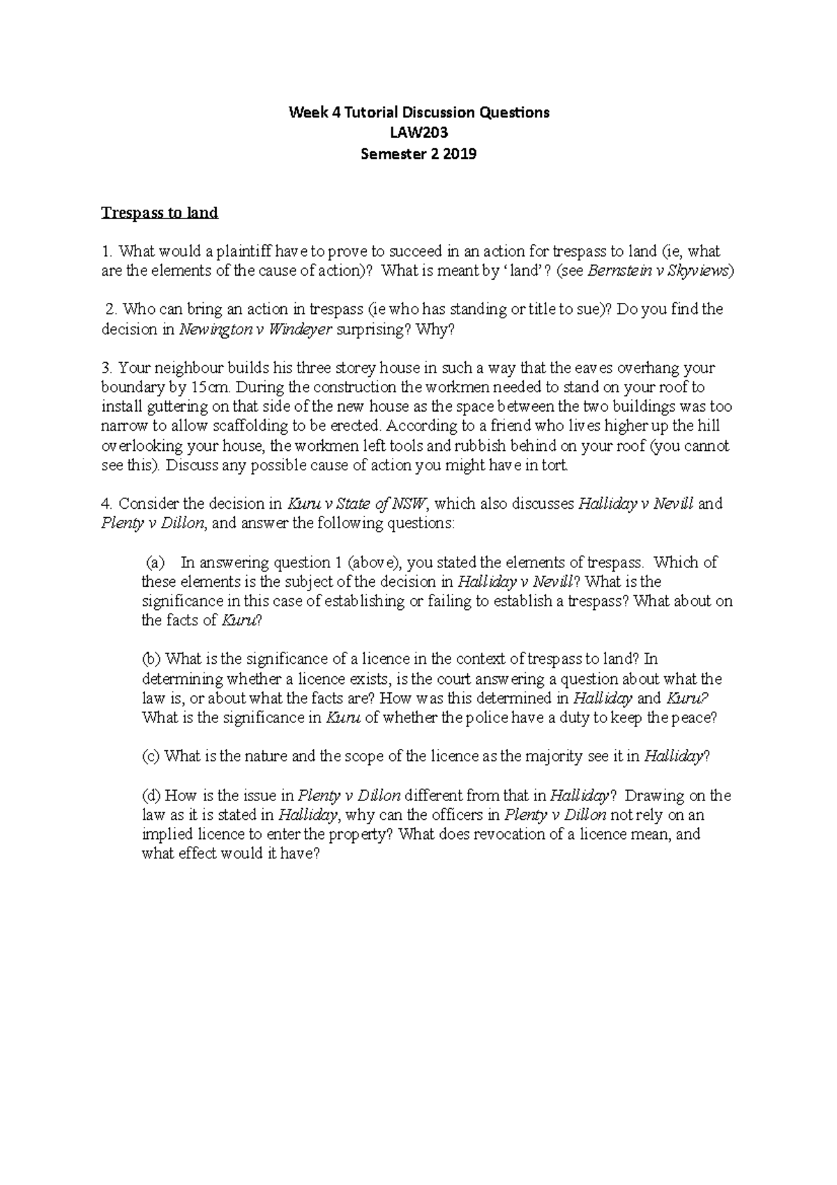 Week 4 Class Discussion Questions - Week 4 Tutorial Discussion Questions LAW Semester 2 2019 ...