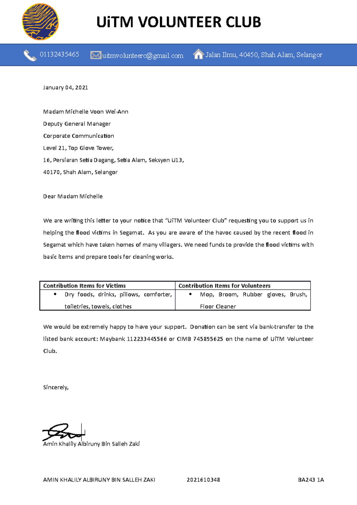 Assigment 1 Cover Letter for ASM420 (example) - pp January 04, 2021 ...