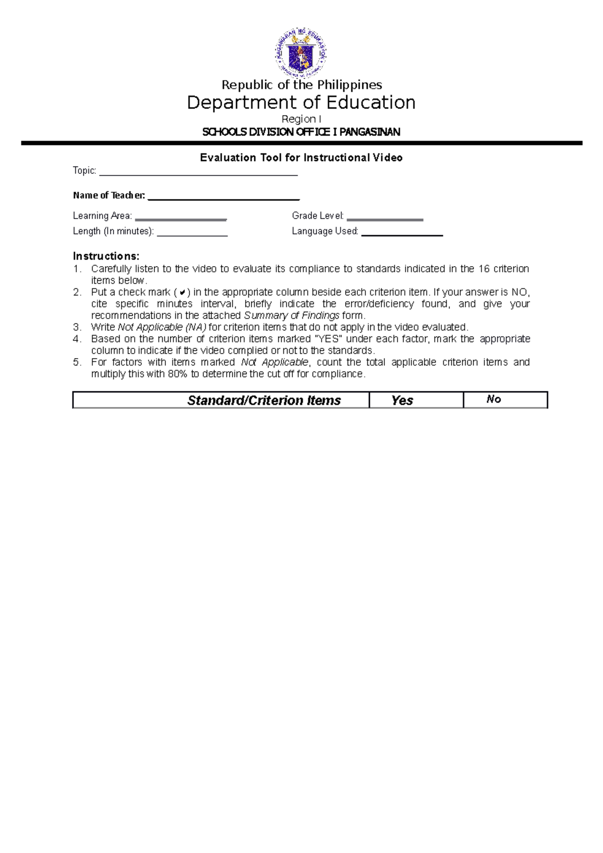 Evaluation Tool for Video Lesson - Republic of the Philippines ...