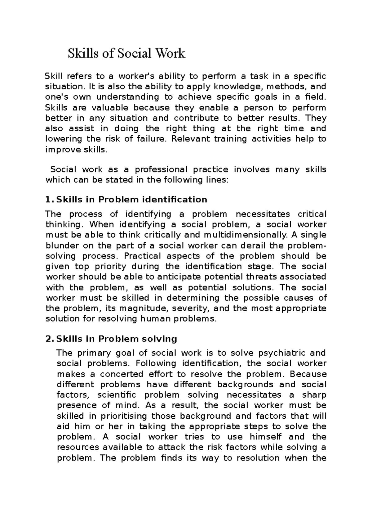 Skills of Social Work - Lecture notes 1 - Skills of Social Work Skill ...