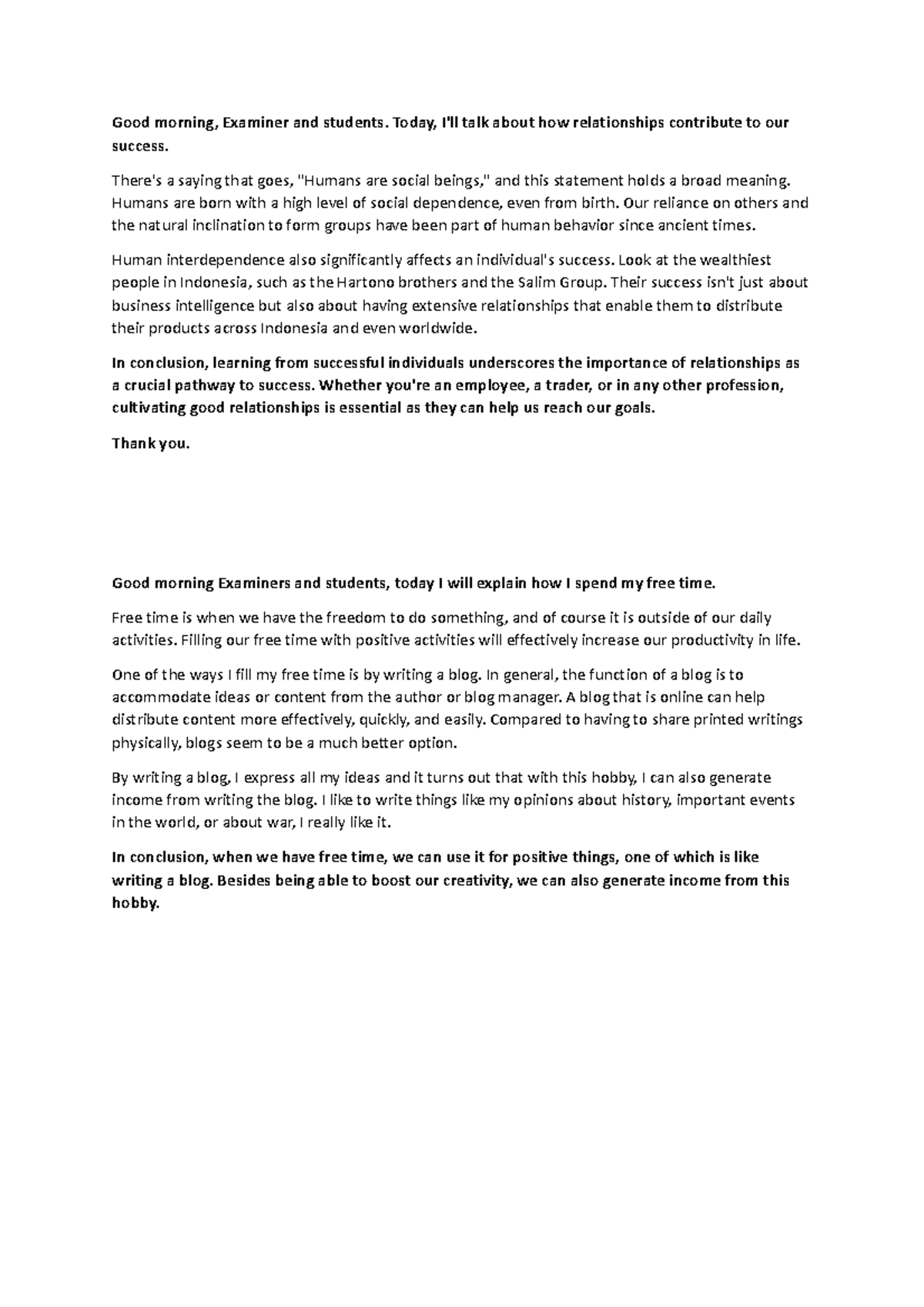 Essay Prepare for speaking - Good morning, Examiner and students. Today ...