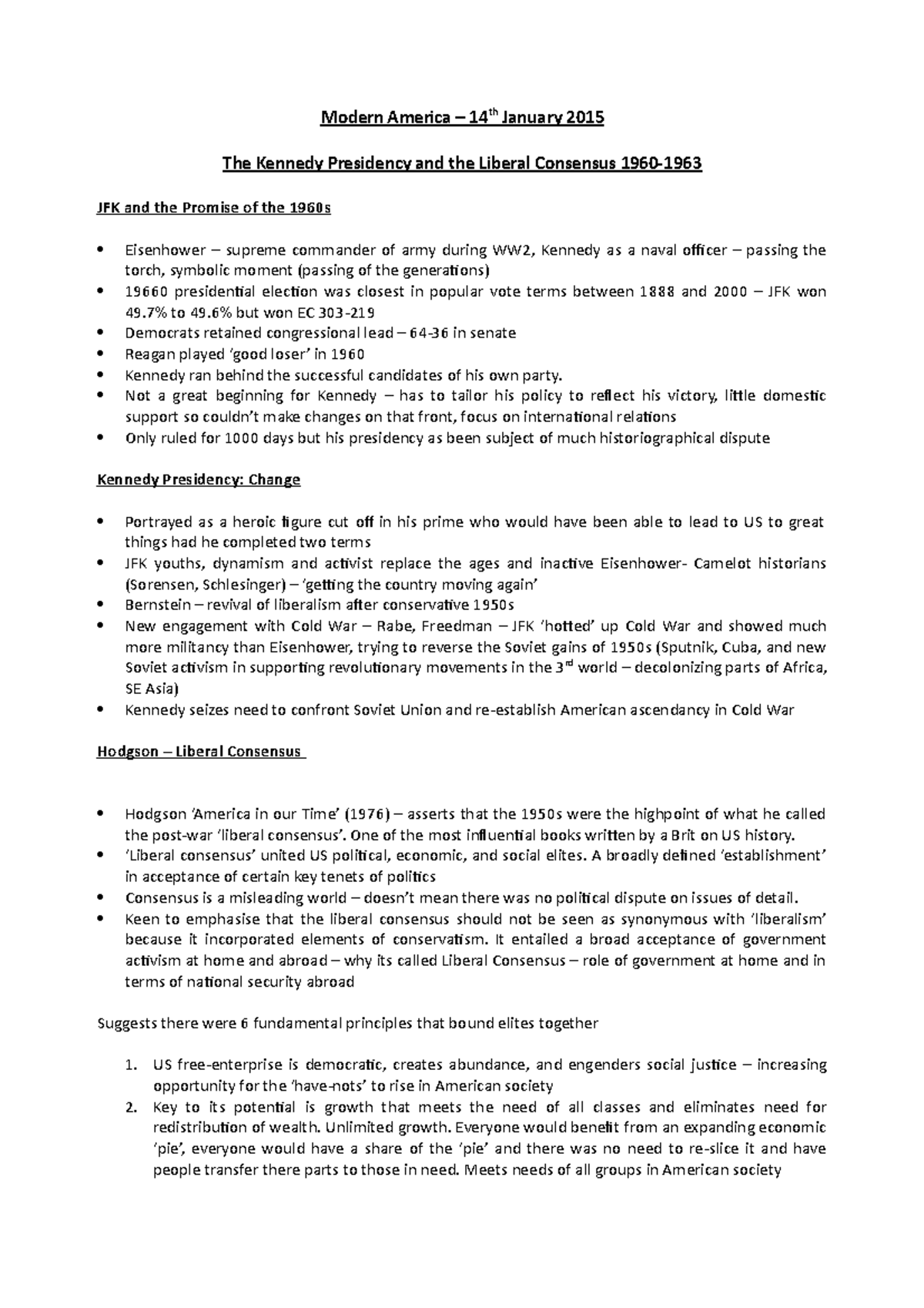 Modern America L10 - Lecture notes 10 - Modern America – 14 th January ...