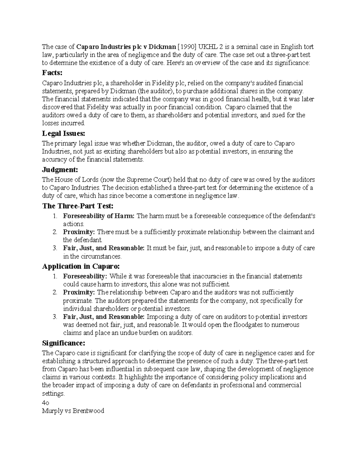 Tort Law cases - The case of Caparo Industries plc v Dickman [1990 ...