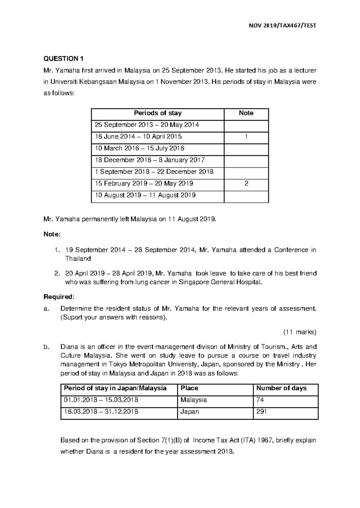 Tax 467 Test Nov 2019 - TEST TAX467 AC220 - QUESTION 1 Mr. Yamaha first ...