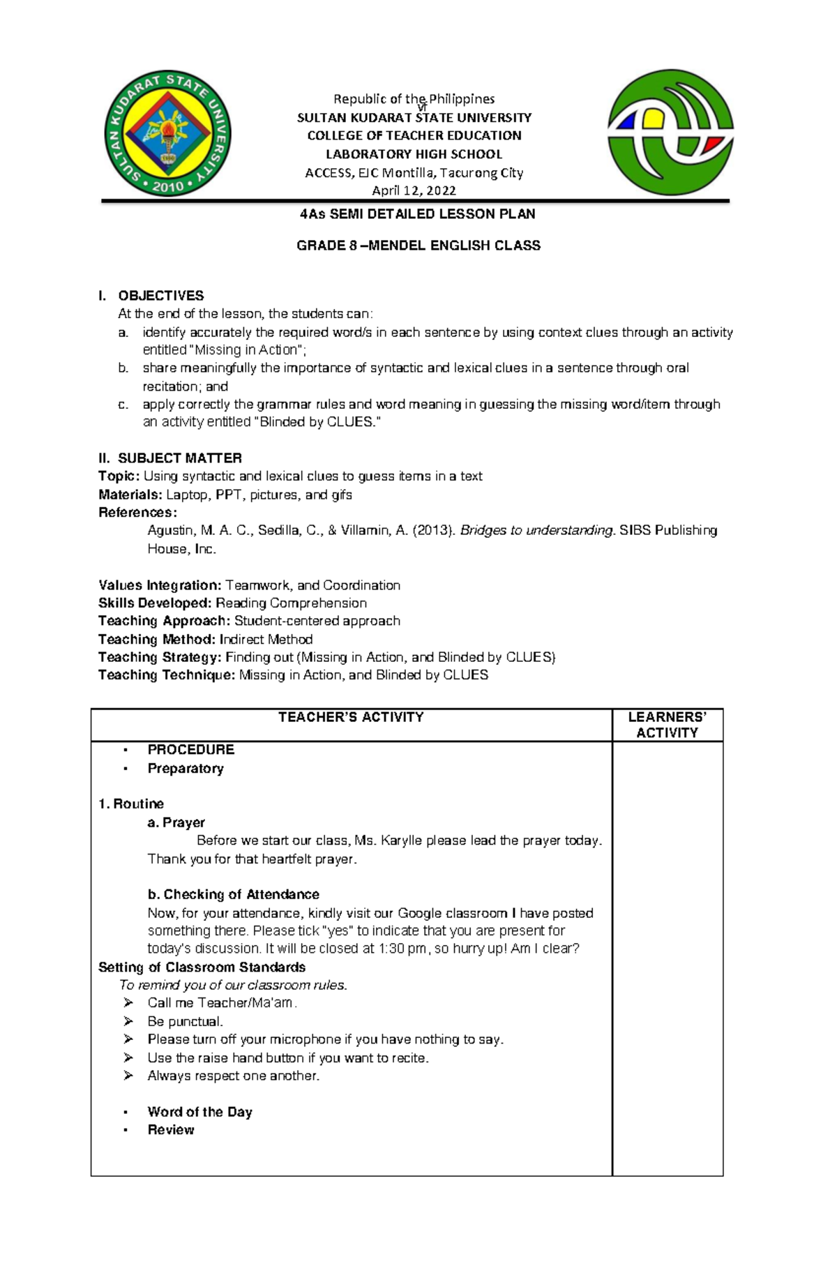Lamayo Syntactical AND Lexical Clues ( Context Clues) - vf 4As SEMI ...