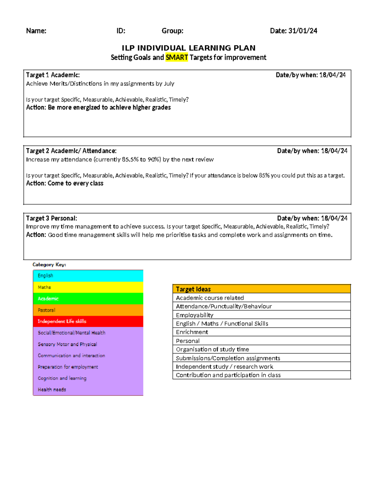 ILP Form - ILP - Name: ID: Group: Date: 31/01/ ILP INDIVIDUAL LEARNING ...