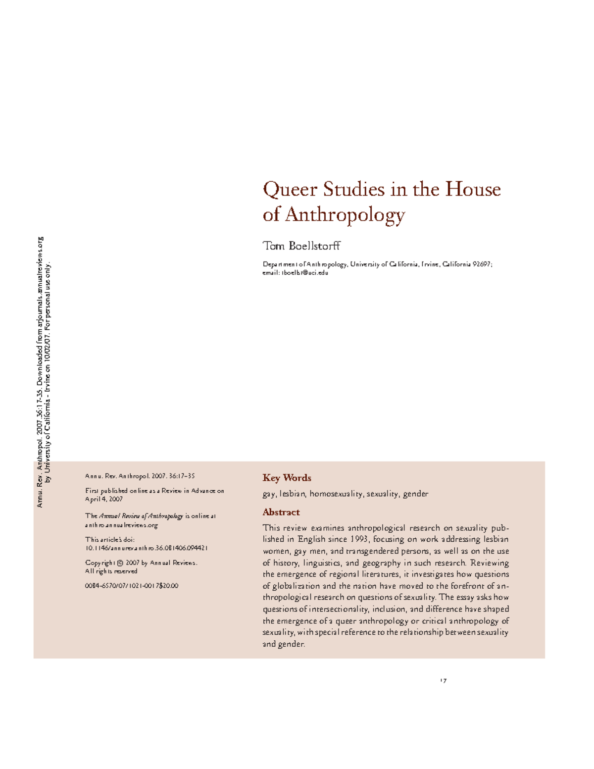 Boellstorff 2007 Queer Studies in the House of Anthropology - Queer ...