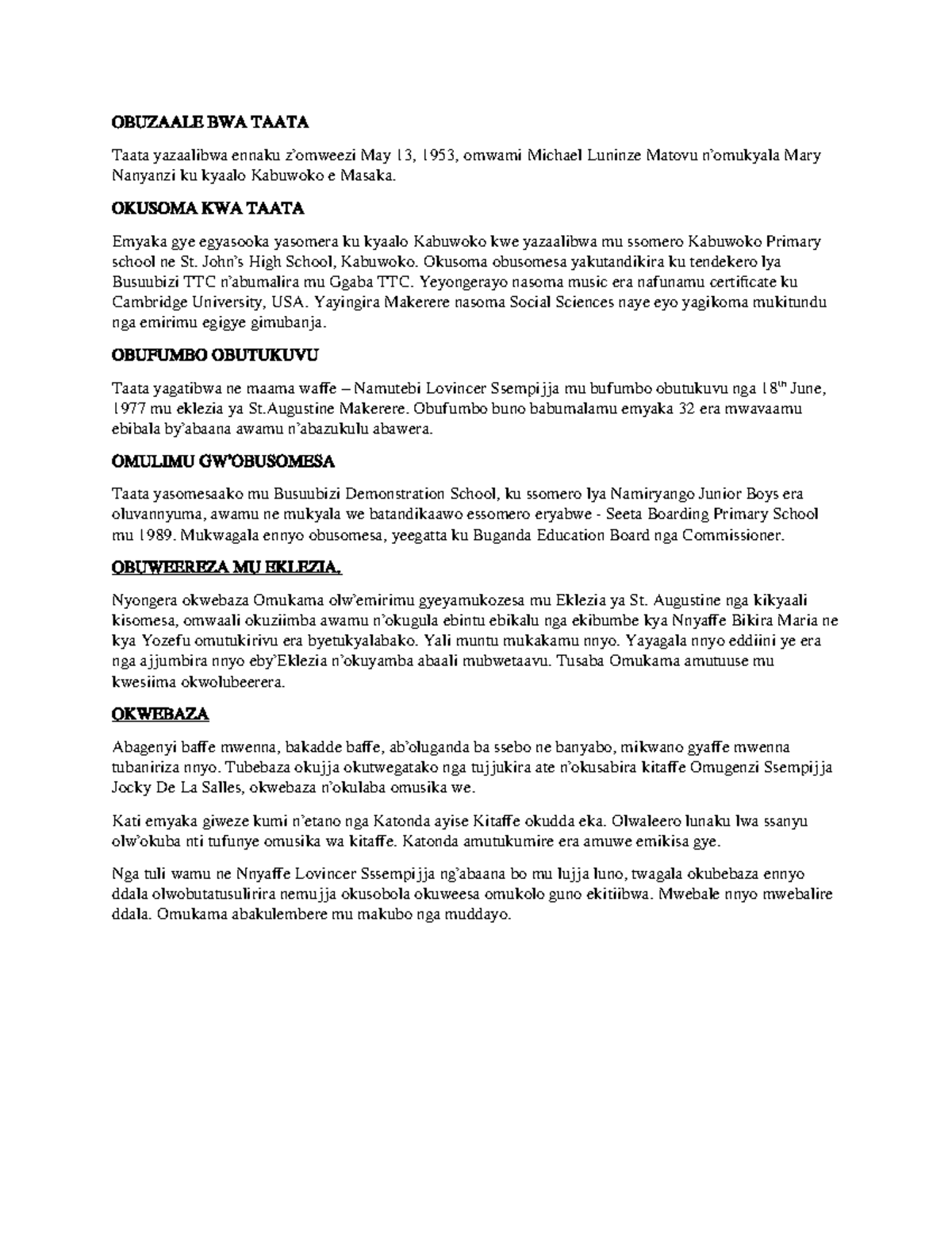 Order of service - OBUZAALE BWA TAATA Taata yazaalibwa ennaku z’omweezi ...