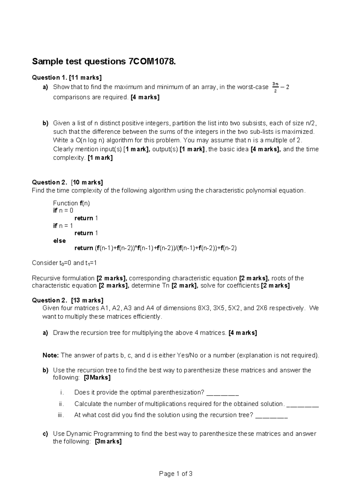 Sample test questions - Test Paper - Page 1 of 3 Sample test questions ...