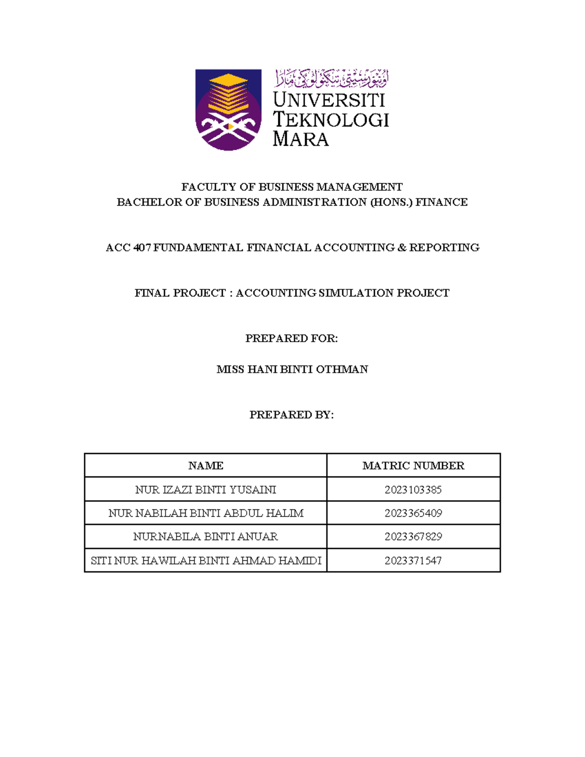 Final Project Accounting - FACULTY OF BUSINESS MANAGEMENT BACHELOR OF ...