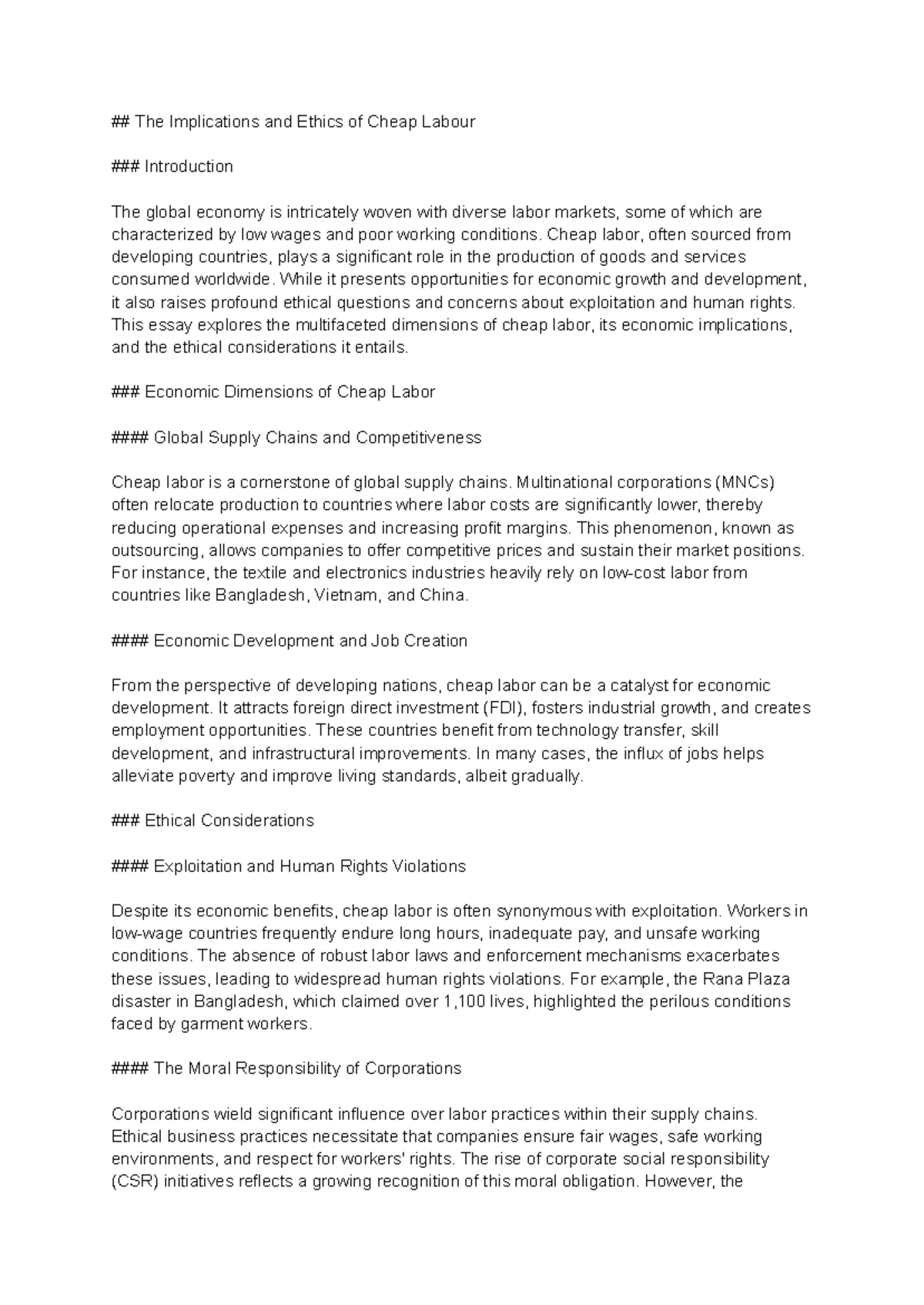 Assignment 1 Draft Essay - Ethics: Cheap Labour - The Implications and ...