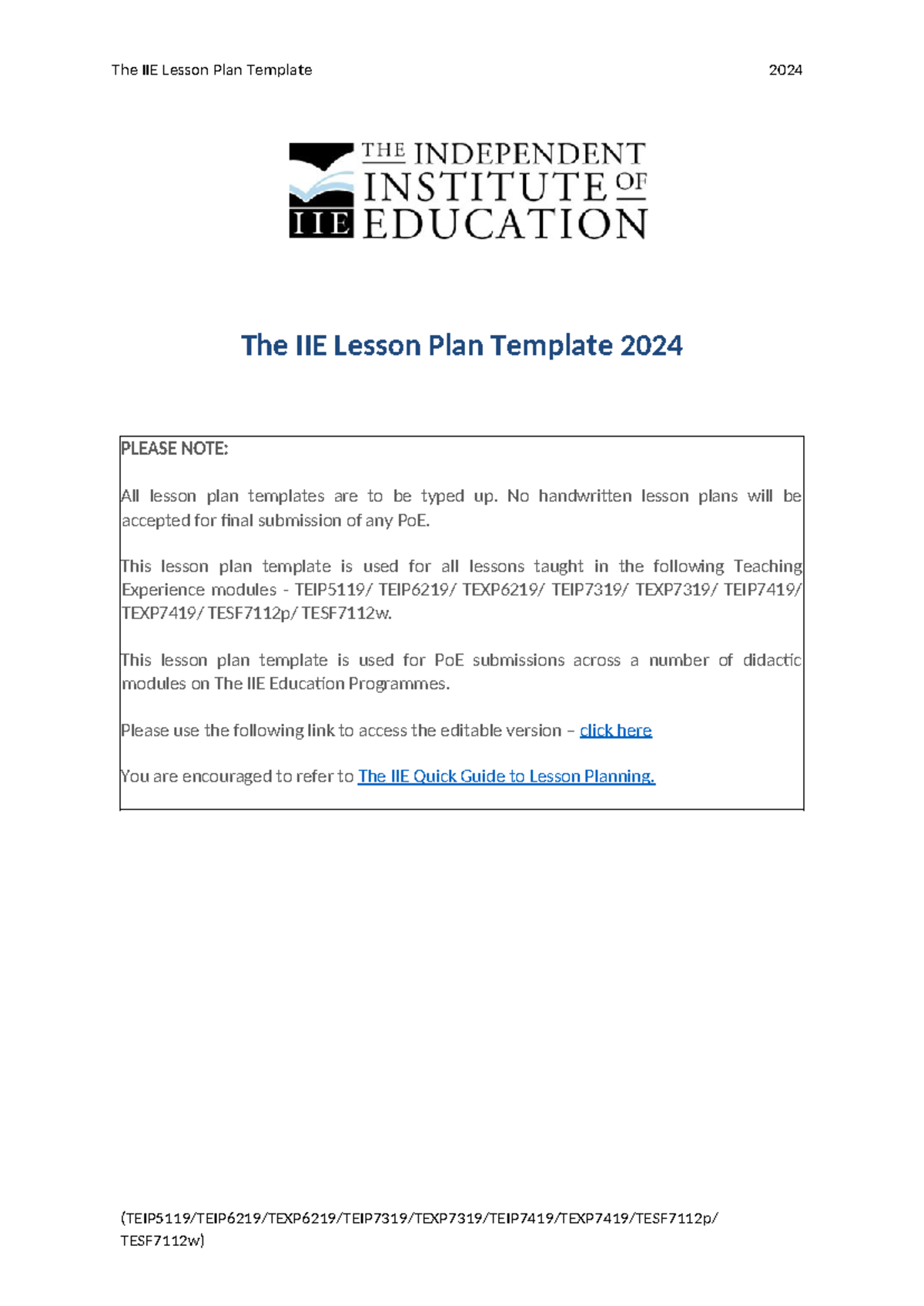 TEIP7319 TE304 Lesson Plan Template - The IIE Lesson Plan Template 2024 ...