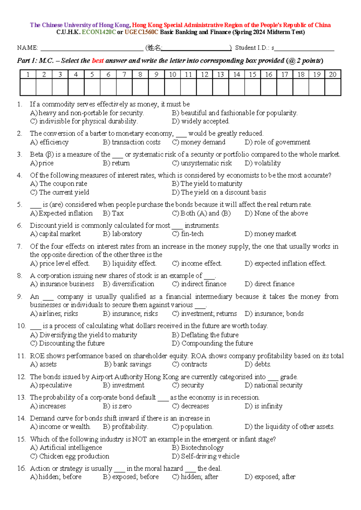 2024Spring Midterm Q - The Chinese University of Hong Kong, Hong Kong ...