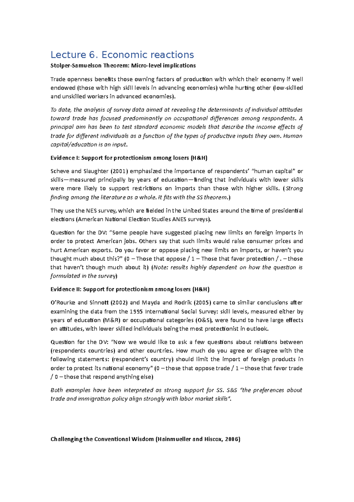 Block 2 - Lecture 6. Economic reactions Stolper-Samuelson Theorem ...