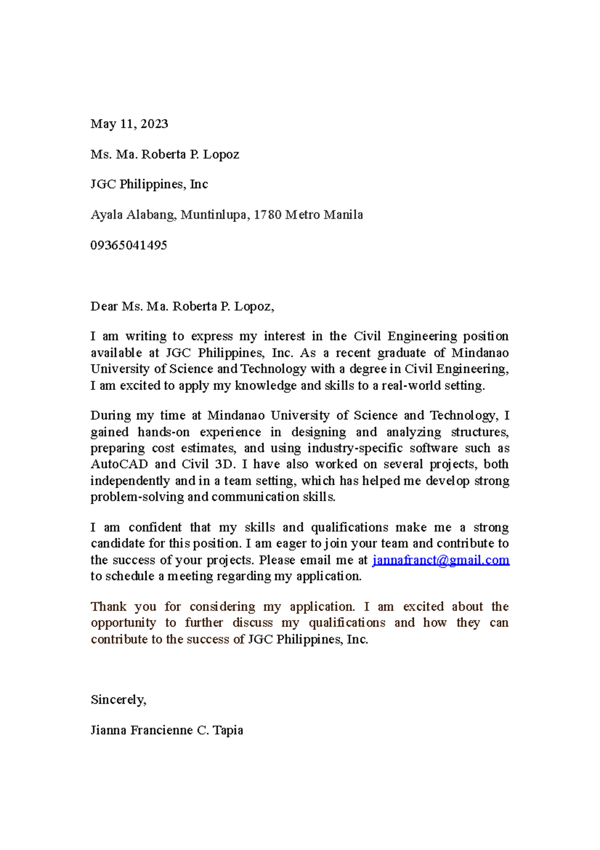 Application-Letter-Resume - May 11 , 2023 Ms. Ma. Roberta P. Lopoz JGC ...