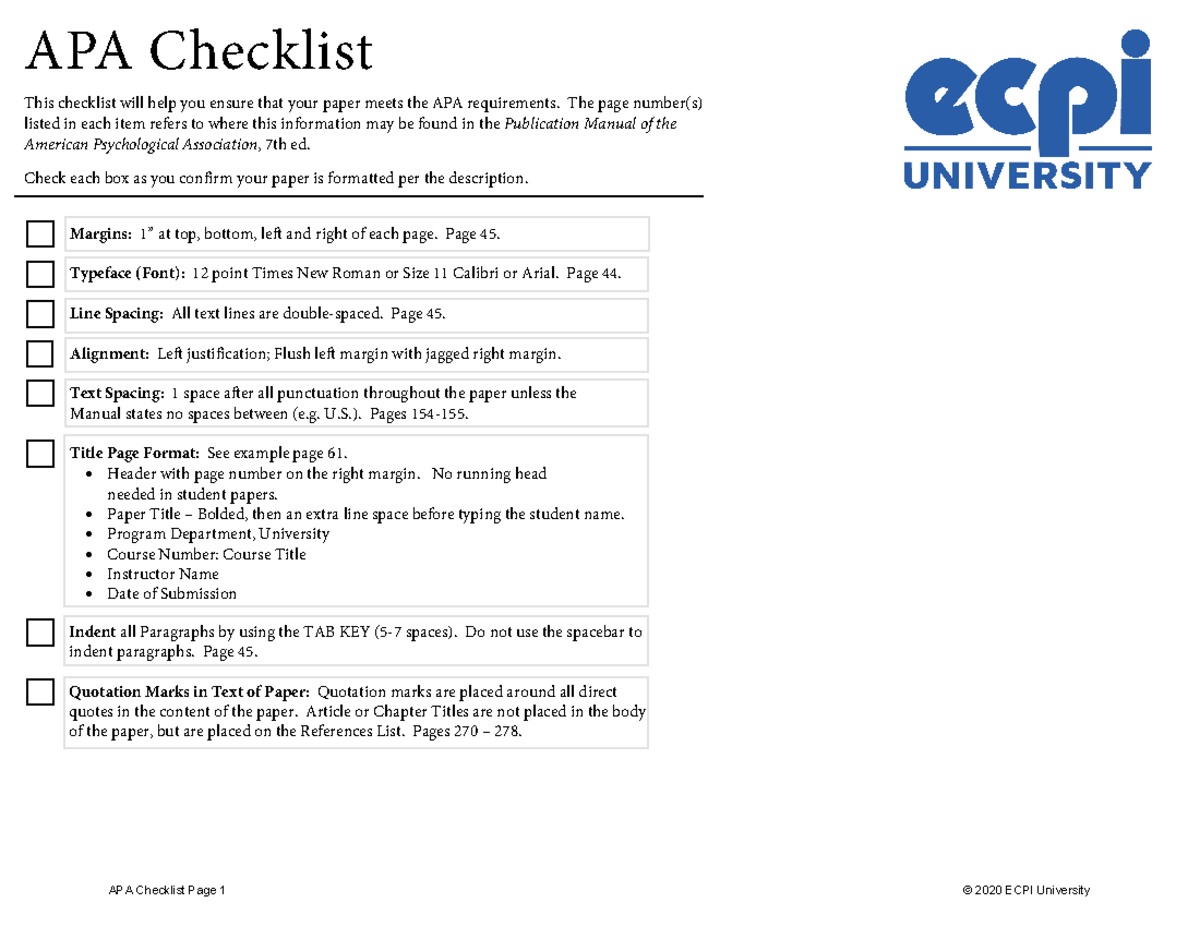 APA Checklist 7th ED 2020 (1) - APA Checklist T his checklist will help ...