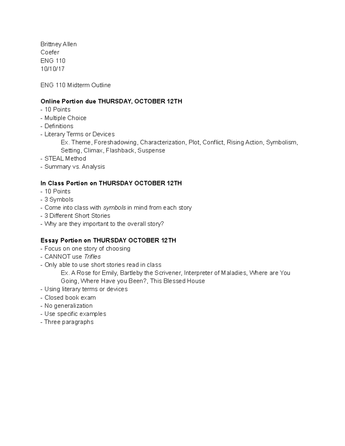 ENG 110 Midterm Outline (10 10) - Brittney Allen Coefer ENG 110 ENG 110 ...