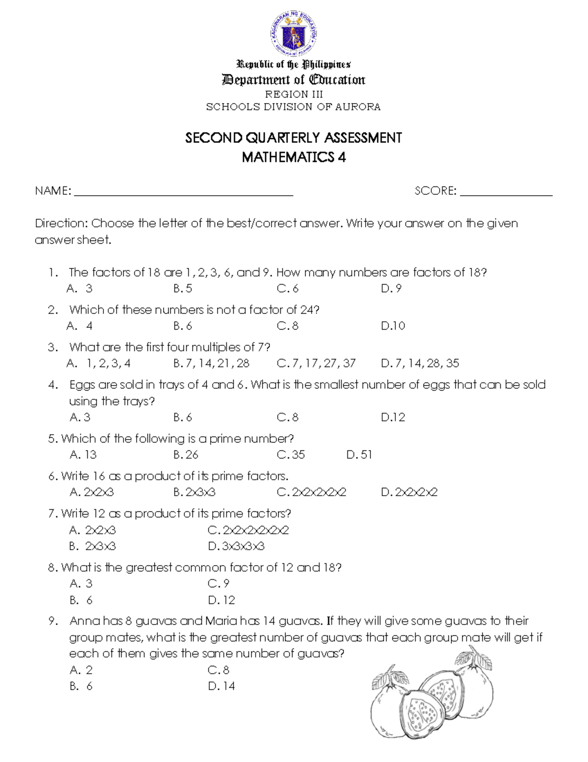 2ND Quarter -MATH 4 - Sample exam - Department of Education REGION III SCHOOLS DIVISION OF ...