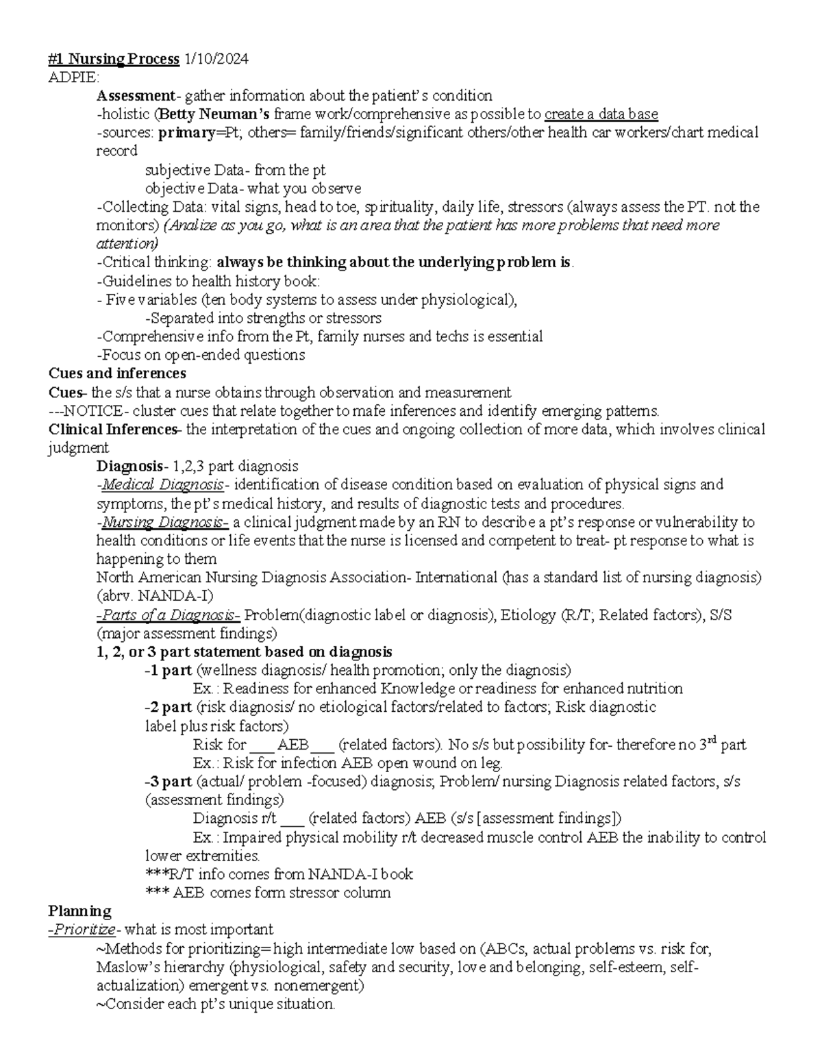 Care of the Well Exam 1 PDF - #1 Nursing Process 1/10/ ADPIE: Assessment- gather information ...