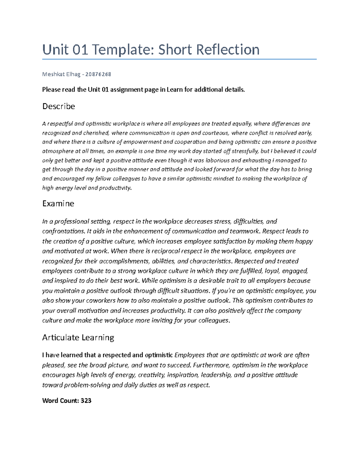 Unit-01 - lecture notes - Unit 01 Template: Short Reflection Meshkat ...