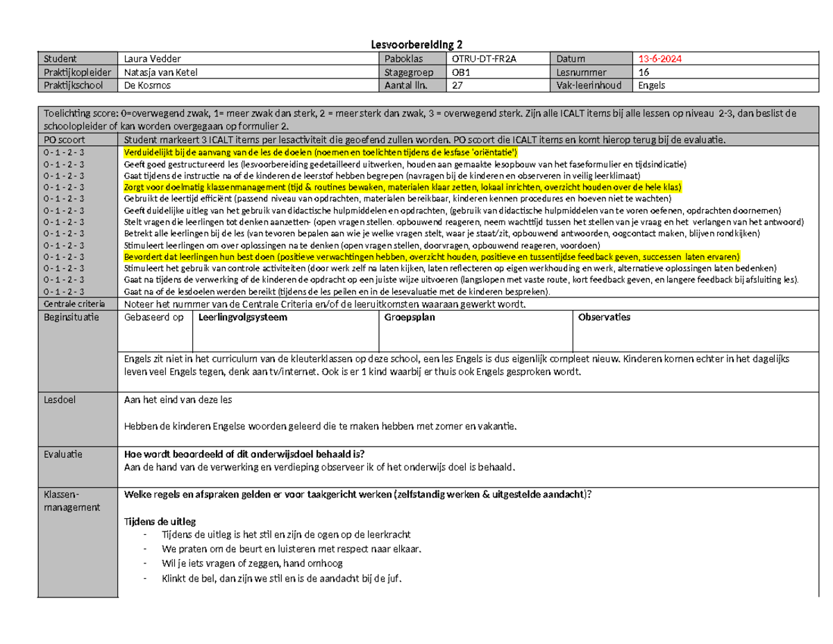 Lesvoorbereiding Engels voor kleuterklas - Student Laura Vedder ...