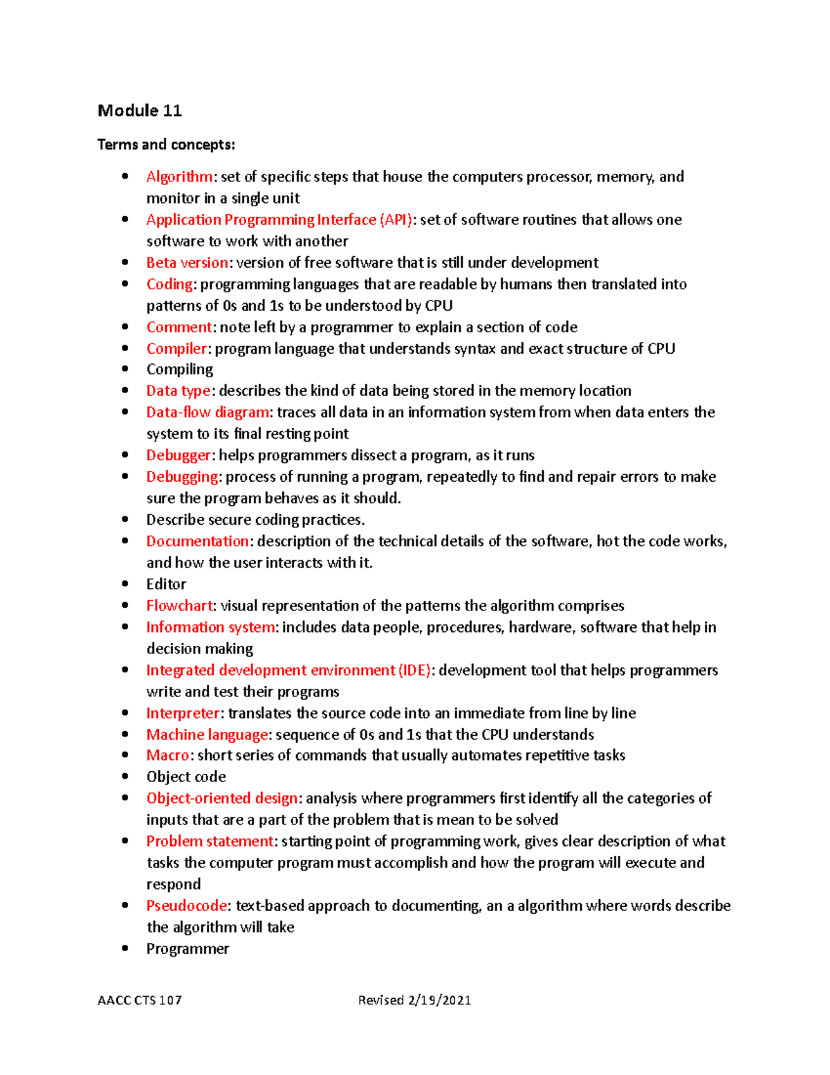 Module 11 terms and skills - Module 11 Terms and concepts: Algorithm ...