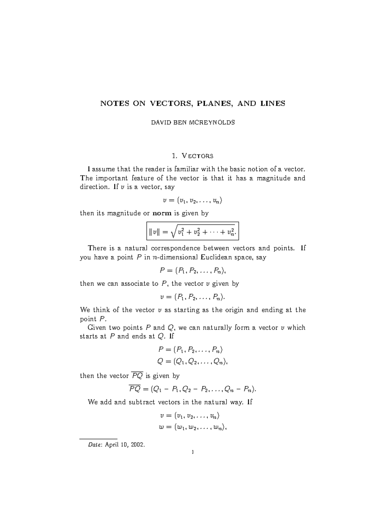Vectors Plans Lines - NOTES ON VECTORS, PLANES, AND LINES DAVID BEN ...