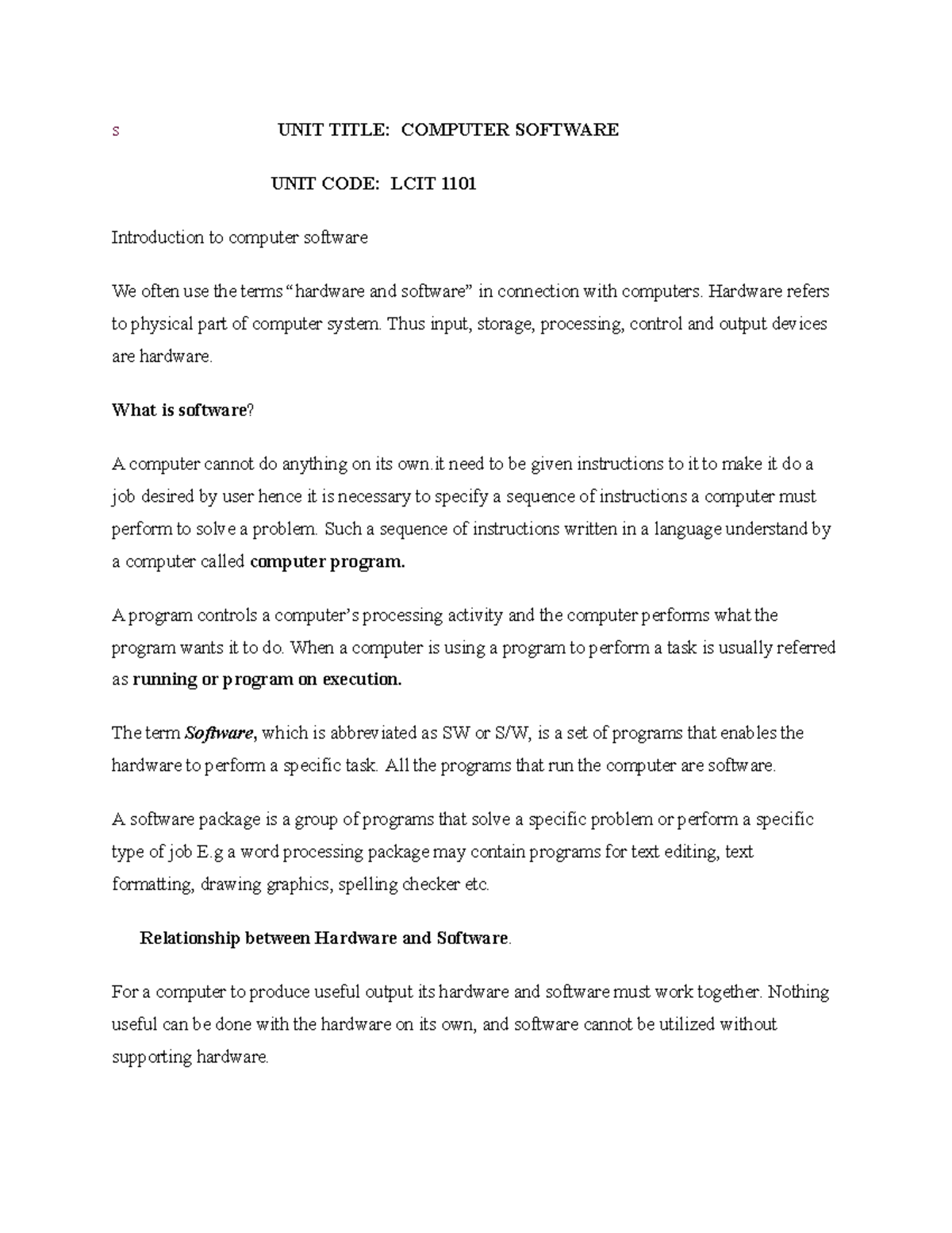 Categories of OS notes - s UNIT TITLE: COMPUTER SOFTWARE UNIT CODE ...