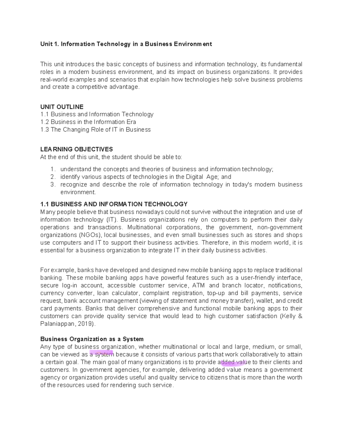 Unit 1 IT in Business Environment - Unit 1. Information Technology in a ...