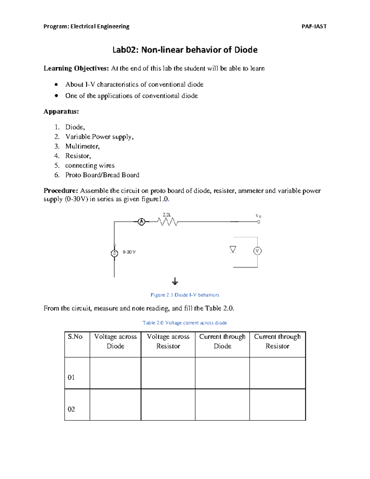 EDC Lab#2 - Lab 2 - Program: Electrical Engineering PAF-IAST Lab02: Non-linear behavior of Diode ...