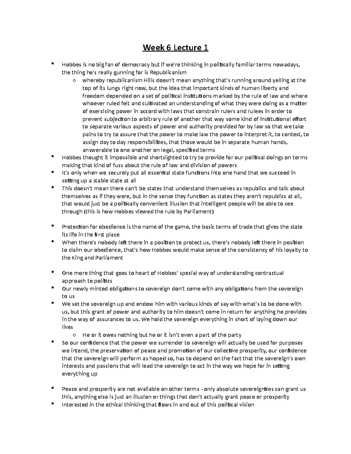 Week 6 Lecture 1 - Hobbes and the concept of democracy vs. absolute sovereignty - Week 6 Lecture ...