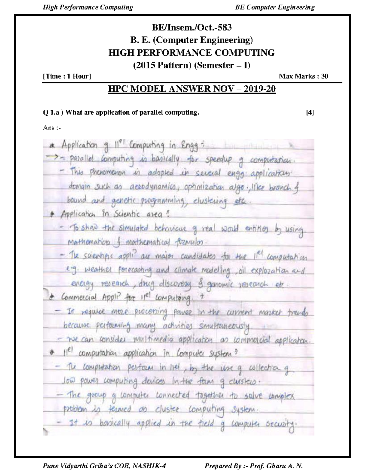 Hpc model answer insem 2019 - BE/Insem./Oct.- B. E. (Computer Engineering) HIGH PERFORMANCE ...