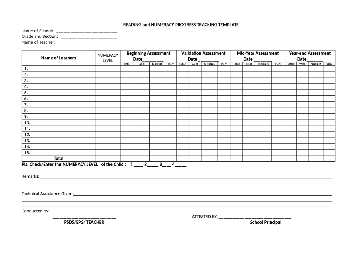 Reading and Numeracy Progress Tracking Template - READING and NUMERACY ...