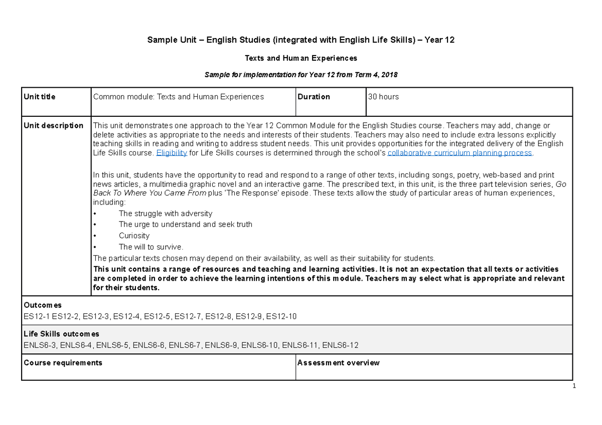 standard english notes year 12 english - Sample Unit – English Studies ...