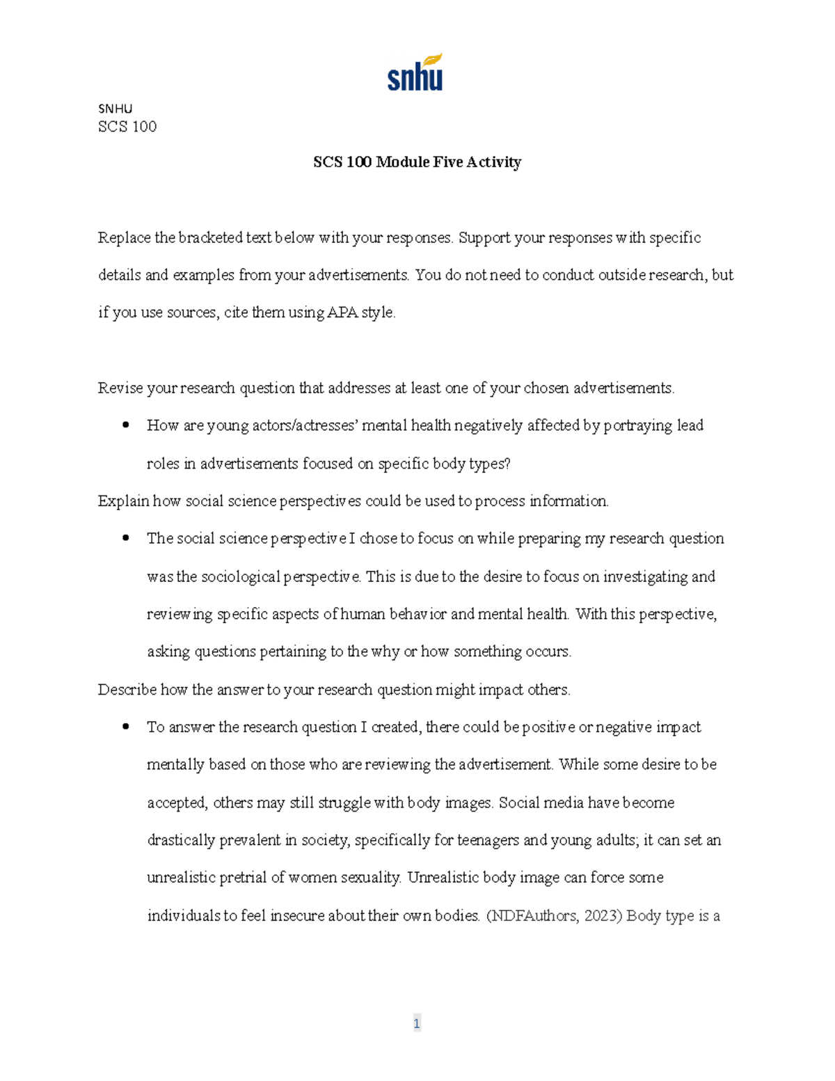 SCS 100 Module Five Activity - SNHU SCS 100 SCS 100 Module Five Activity Replace the bracketed ...