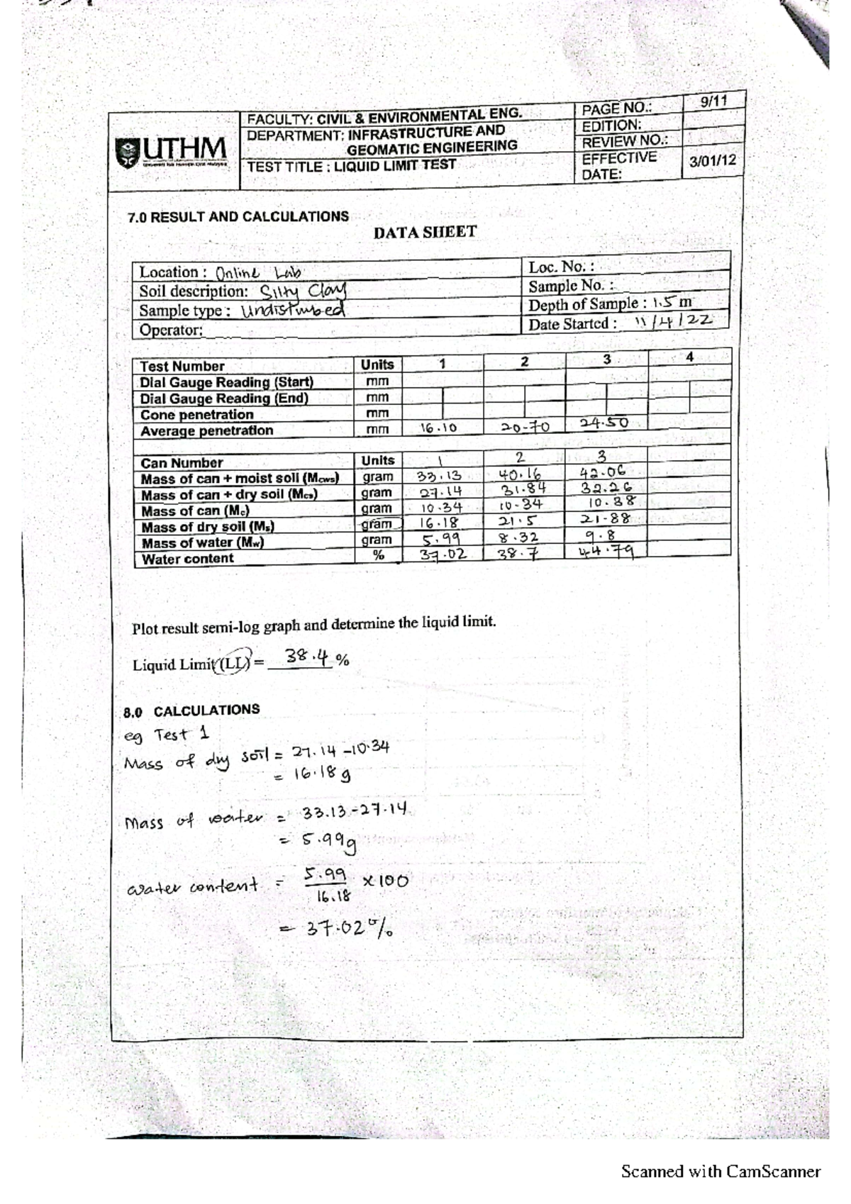 Calculation of Liquid Limit - Civil Engineering Laboratory II - Scanned ...