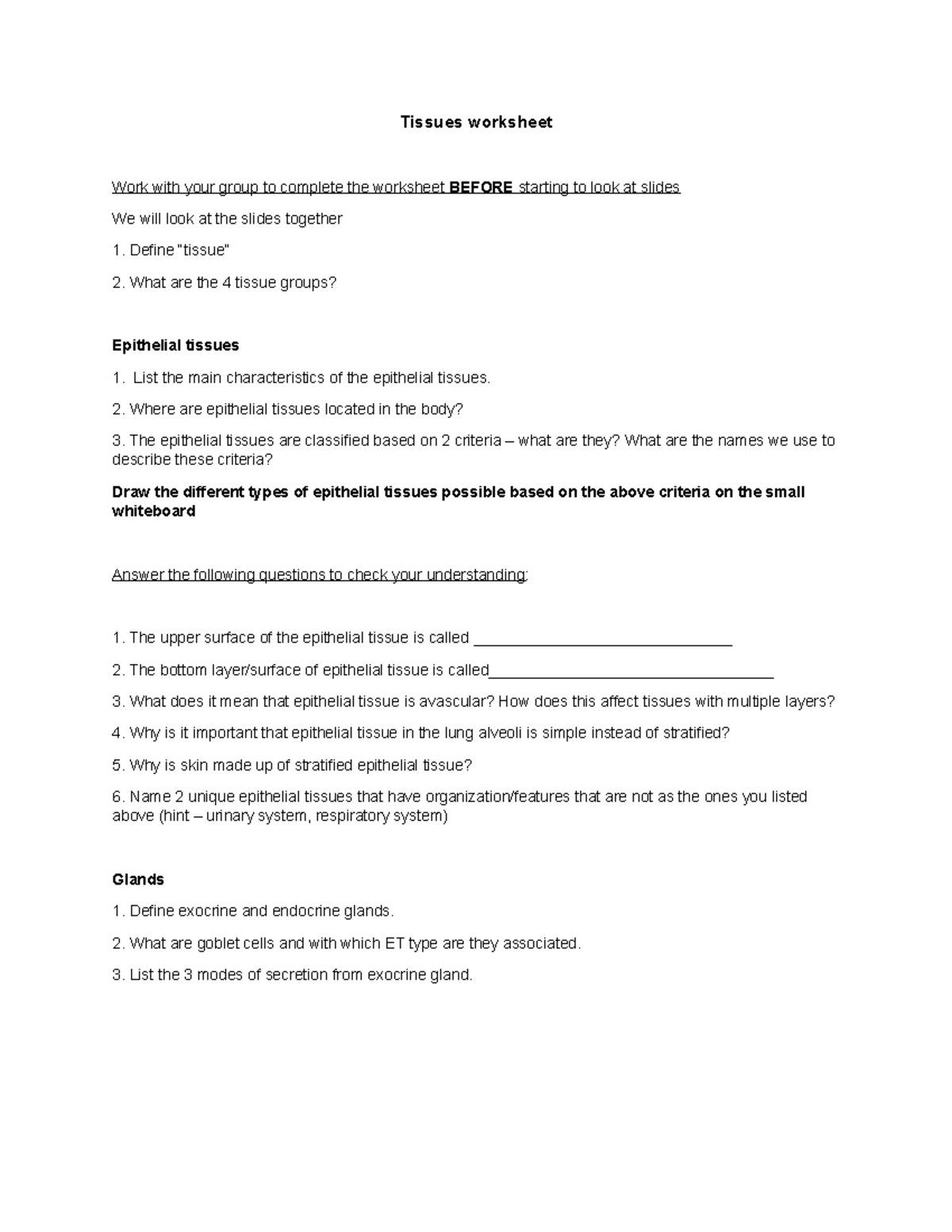 Tissues Worksheet - Epithelial Tissue - Tissues worksheet Work with ...