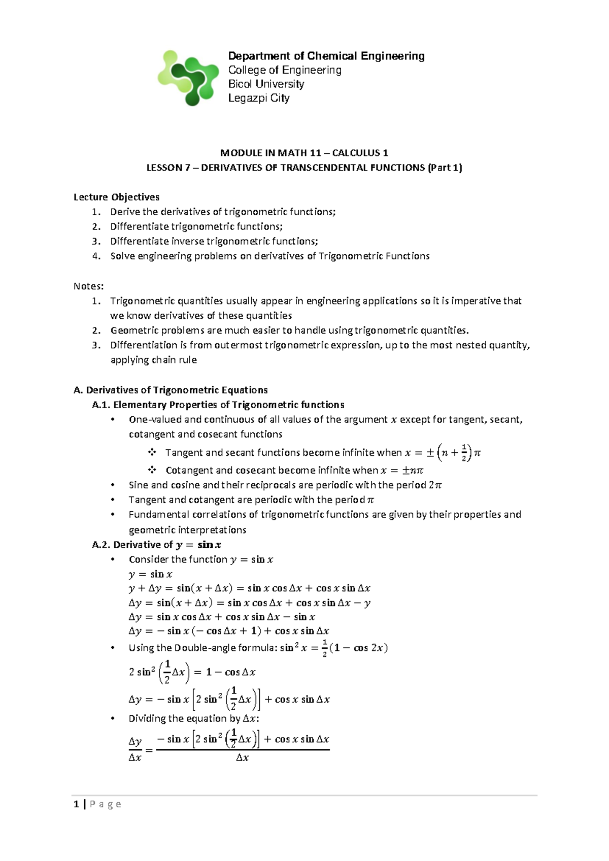 Module in Math 11 Lesson 7 - Derivatives of Transcendental Functions ...