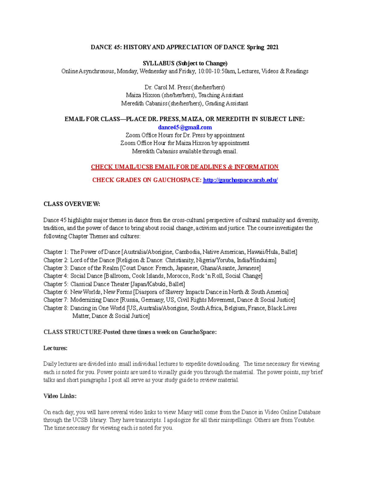 Dance 45 Spring 2021 Syllabus - DANCE 45: HISTORY AND APPRECIATION OF ...