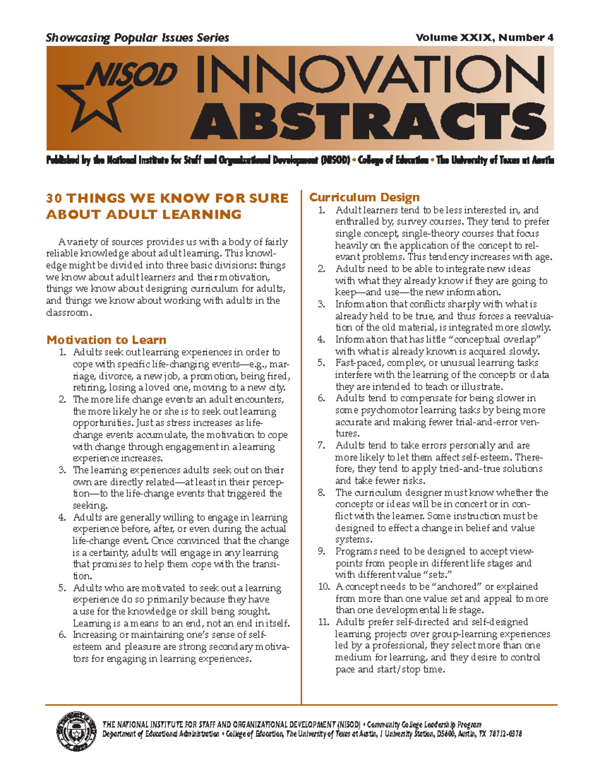 30 Things We Know for Sure Adult Learners - 2 pages - Volume XXIX ...