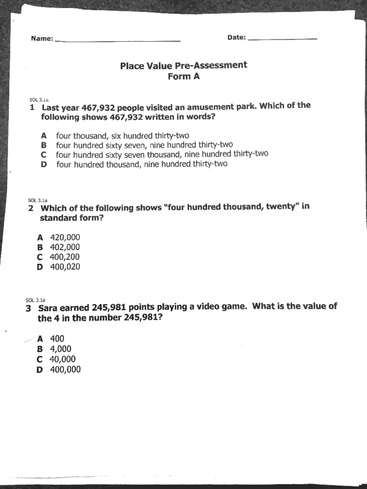 Blank preassessment - Place Value Pre-Assessment Form A SOL 3 1 Last ...
