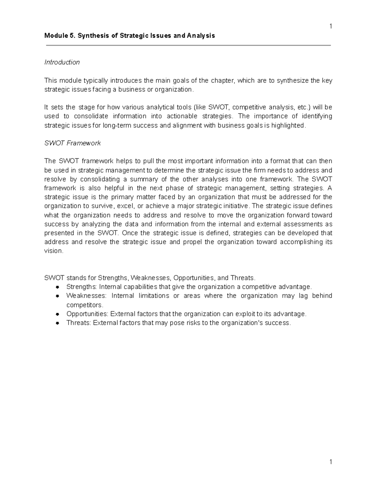 Strat-man-m5 - Strategic Management - 1 Module 5. Synthesis of Strategic Issues and Analysis ...