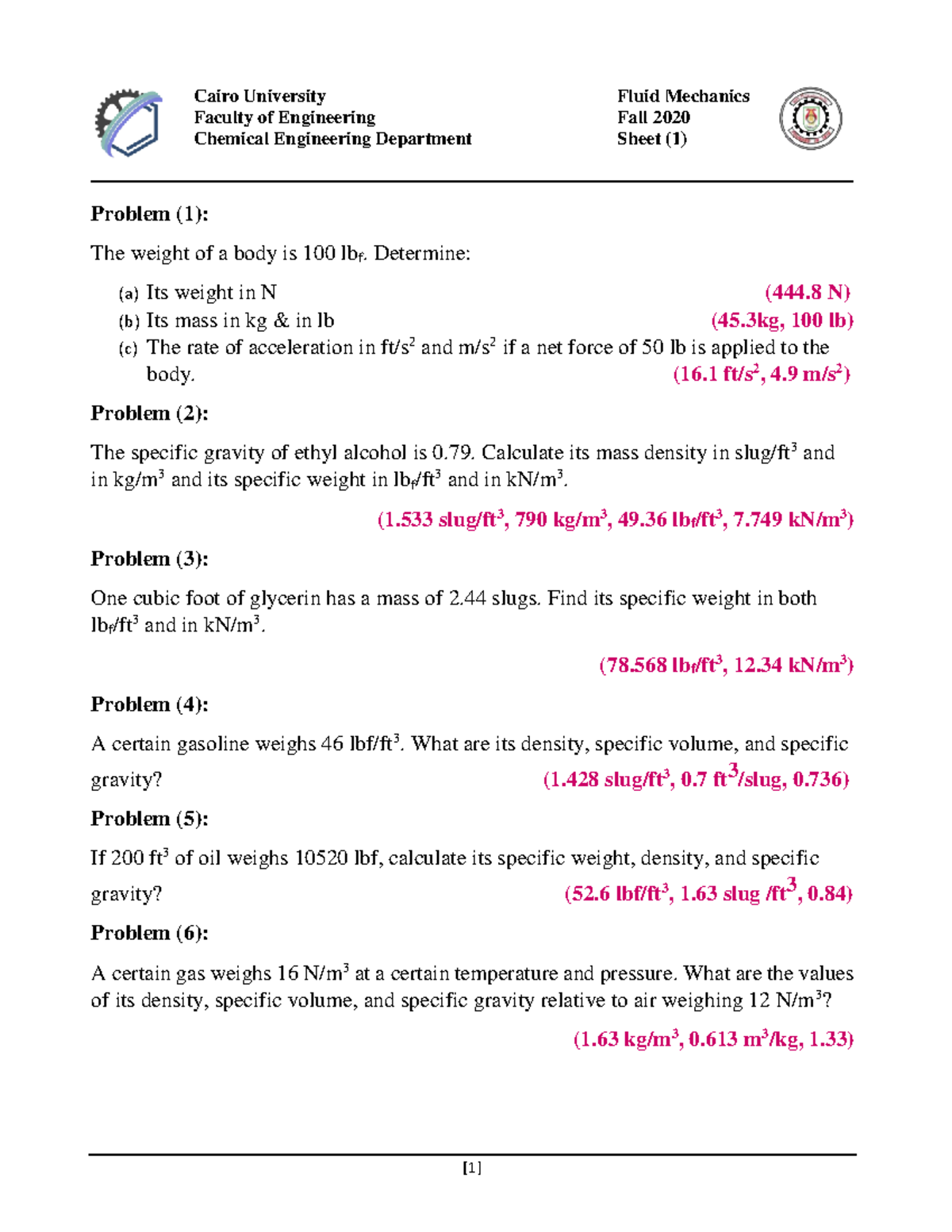 Sheet 1- Introduction and Fluid Properties - Cairo University Fluid ...
